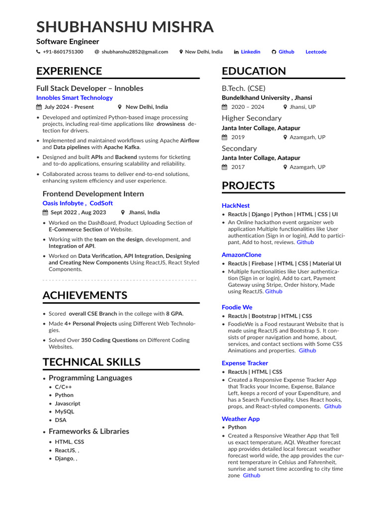 Shubhanshu_Mishra_Resume | PDF | Bootstrap (Front End Framework) | Web Development