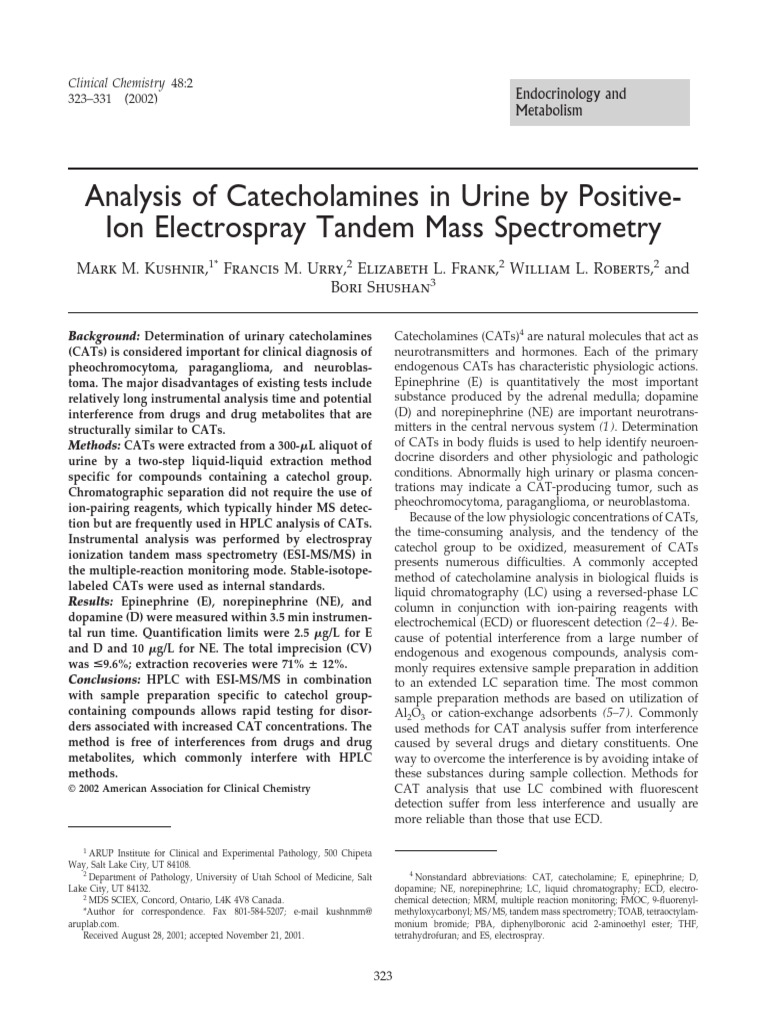Analysis of Catecholamines in Urine by Positive | PDF | Mass ...