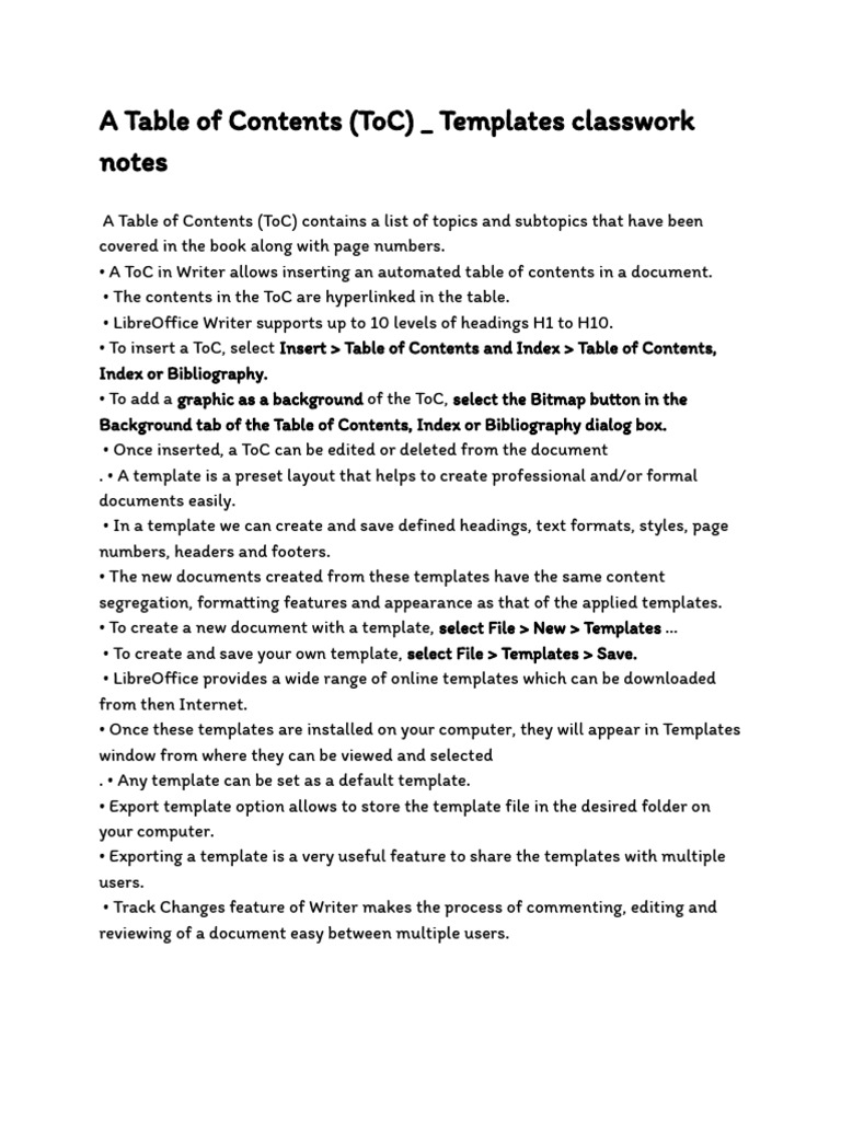 A Table of Contents (ToC) - Templates Classwork Notes | PDF | Computer ...