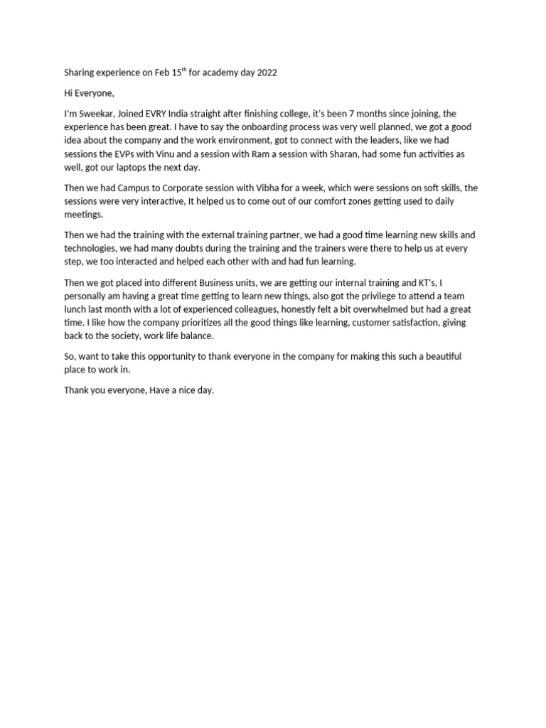 Sweekar's Experience Sharing Script | PDF