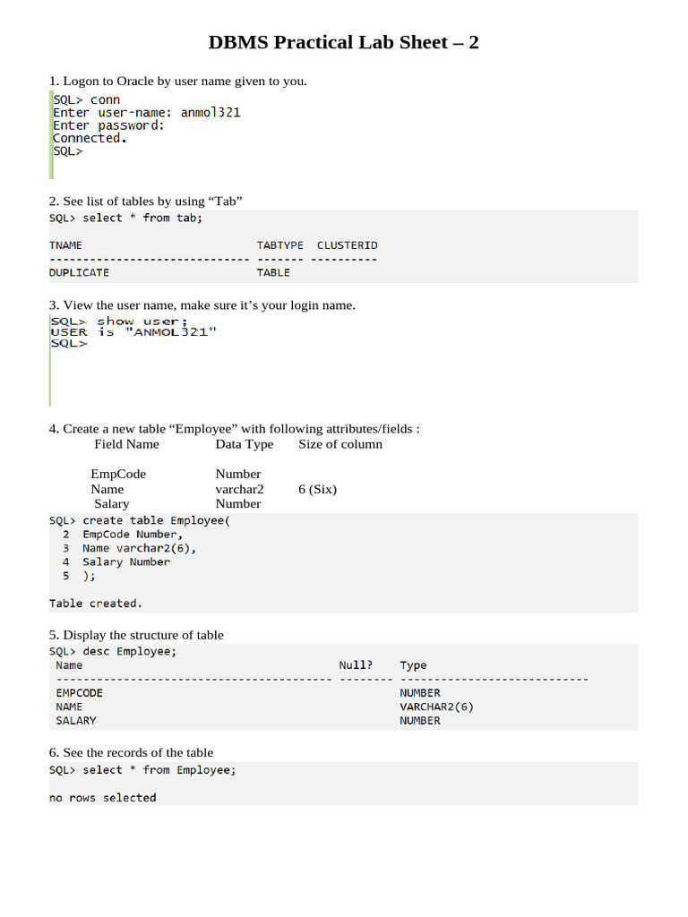 DBMS Practical Lab Sheet - 2 | PDF | Table (Database) | Databases