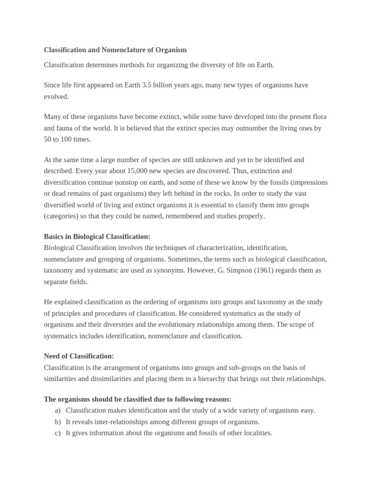 Classification and Nomenclature of Organism | PDF | Taxonomy (Biology ...
