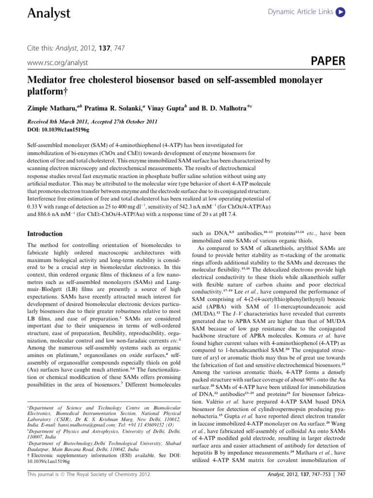 Mediator free cholesterol biosensor based on self-assembled monolayer ...
