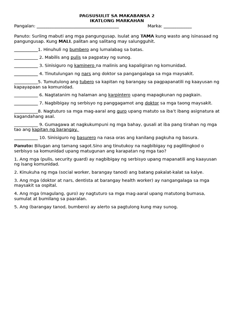 Q3 Week5-Pagsusulit Sa Makabansa 2 | PDF