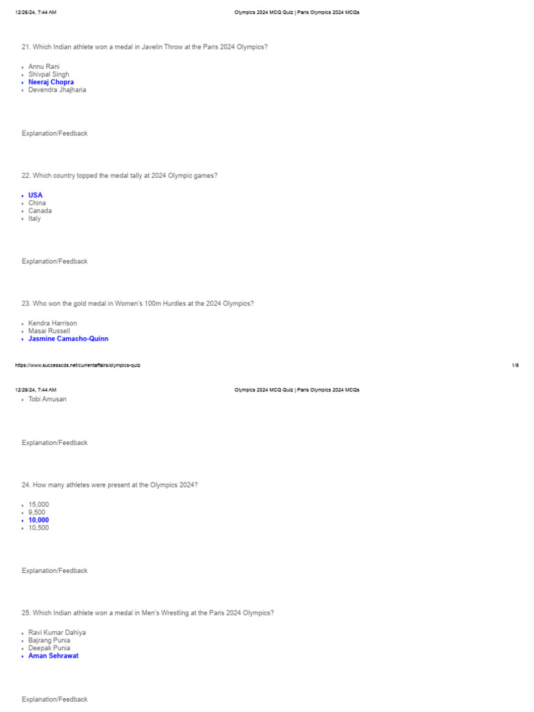 Olympics 2024 2 MCQ Quiz - Paris Olympics 2024 MCQs | PDF | Sports ...