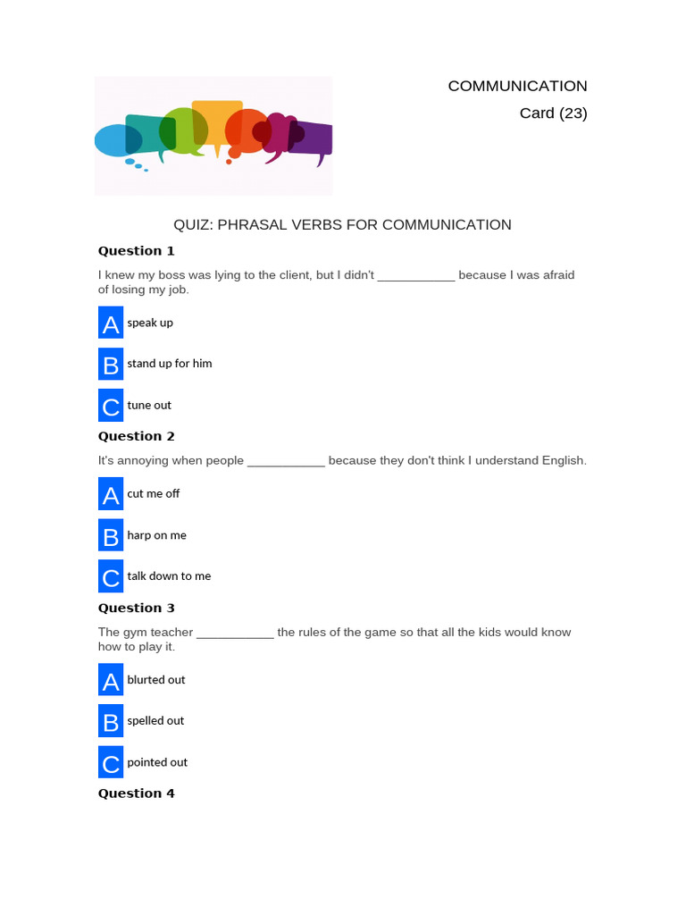 Phrasal Verbs Communication Quiz | PDF