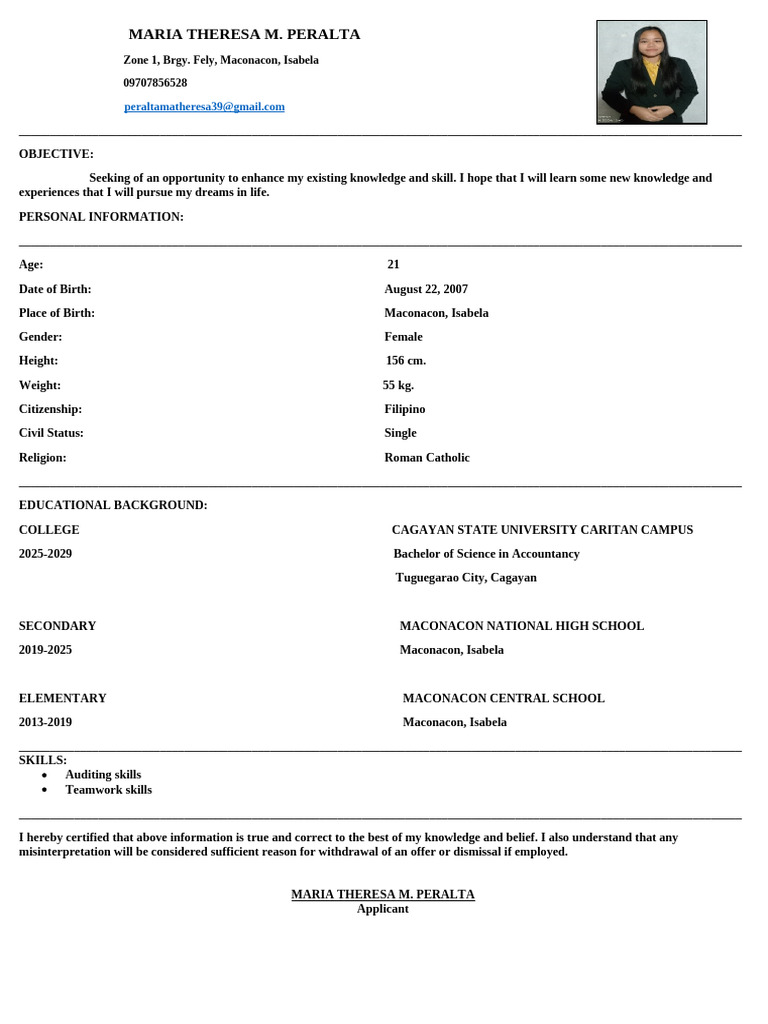 Maria Theresa m. Peralta-resume | PDF