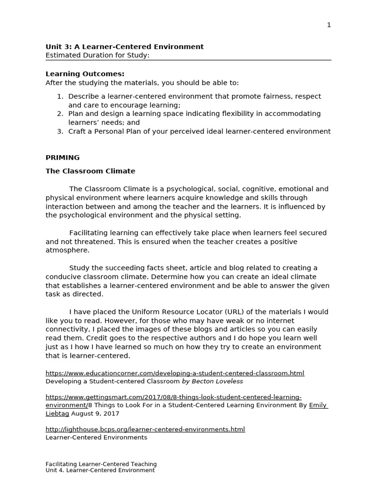 Unit 3 A Learner Centered Environment 2 | PDF | Learning | Distance Education