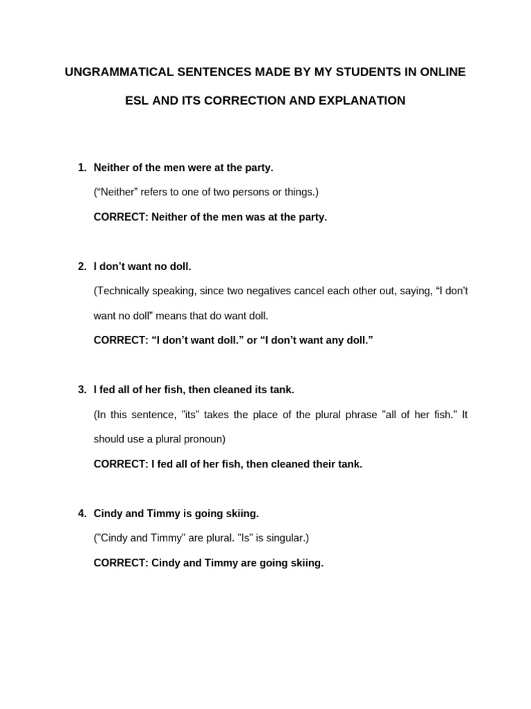 Ungrammatical Sentences Made by My Students and Its Correction and ...
