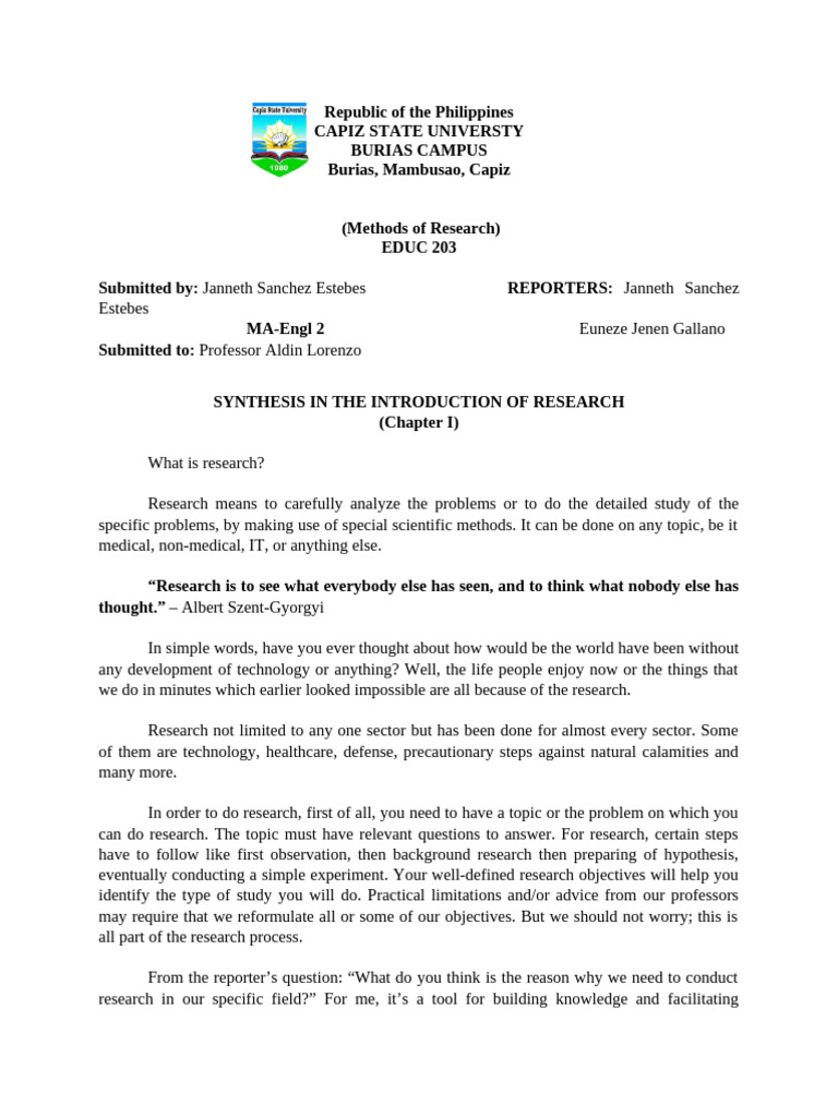 Educ 203 - Estebes, Janneth - Synthesis of Reports (Chapters 1-3) | PDF | Qualitative Research ...