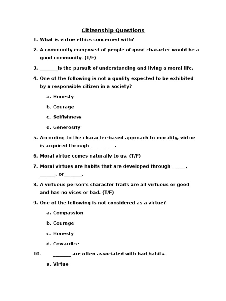 Citizenship and Ethics Quiz Questions | PDF | Virtue | Constitution