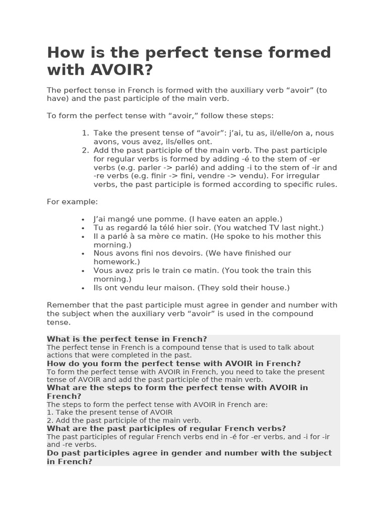 How is the Perfect Tense Formed With AVOIR | PDF | Grammatical Tense ...