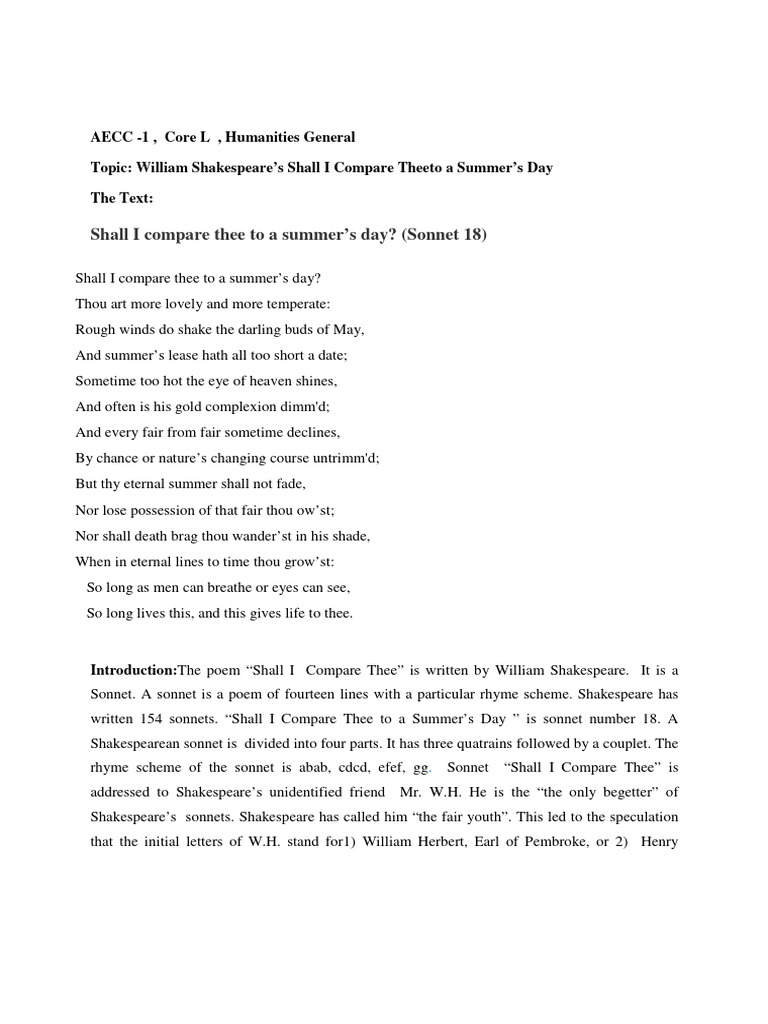 12217AECC Shall I Compare Thee | PDF | Shakespeare's Sonnets | Stanzaic ...
