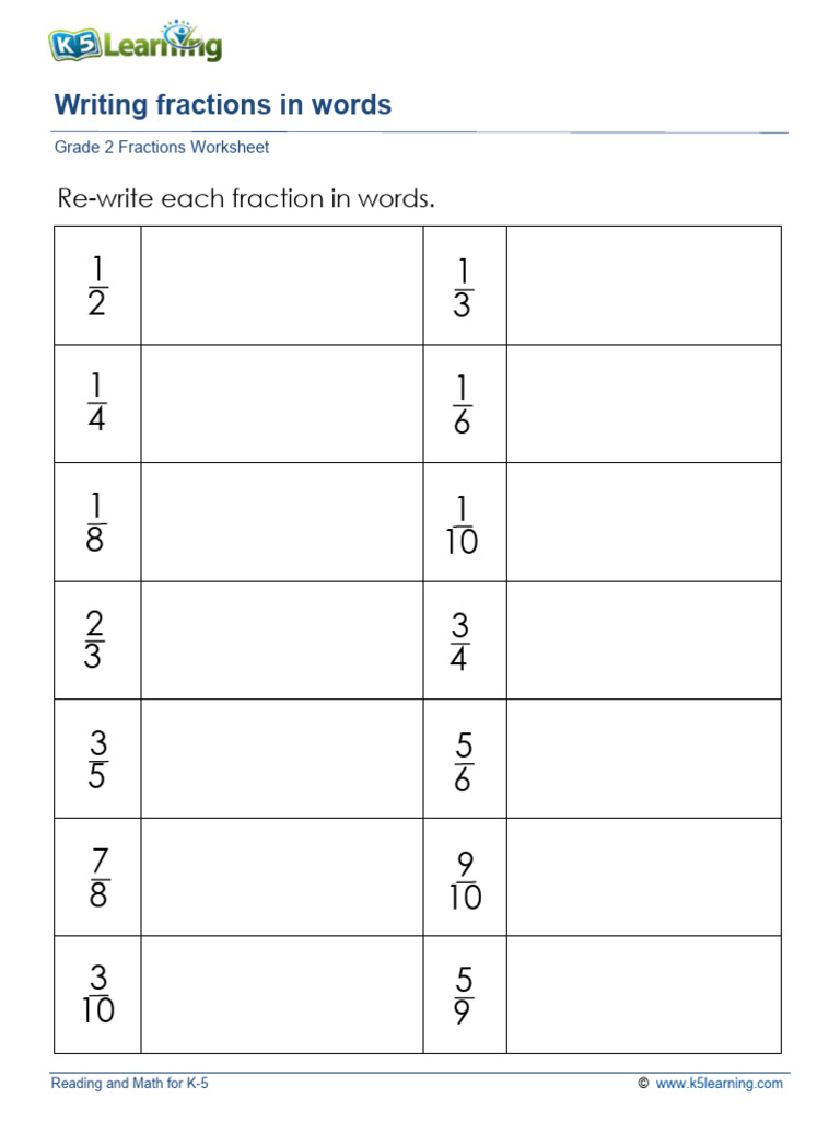 Grade 2 Fractions Writing Words A | PDF