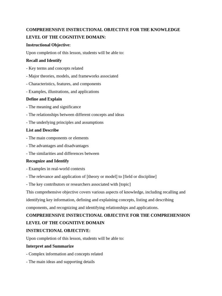 Comprehensive Instructional Objective For The Knowledge Level of The ...
