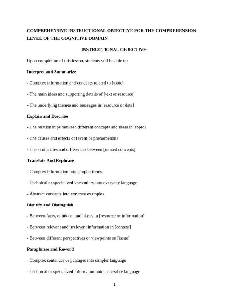 Comprehensive Instructional Objective For The Comprehension Level of ...
