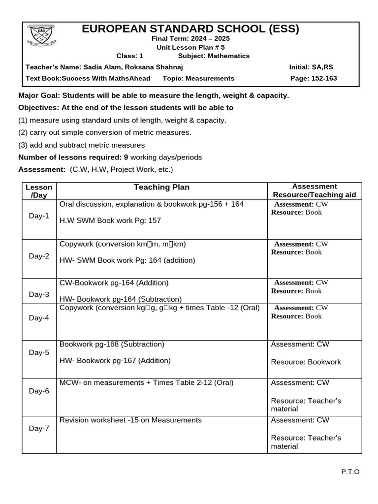 Mathematics Lesson Plan: Measurements | PDF | Litre | Kilogram