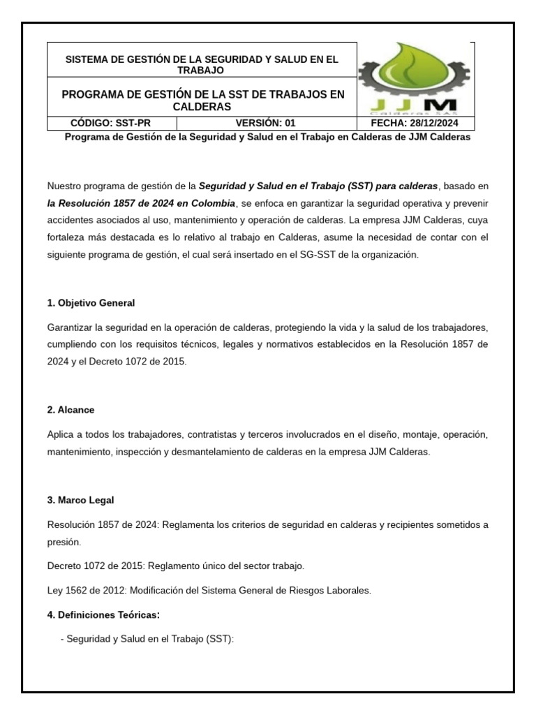 Programa de Gestión de La SST en Calderas - JJM | PDF | Seguridad y ...