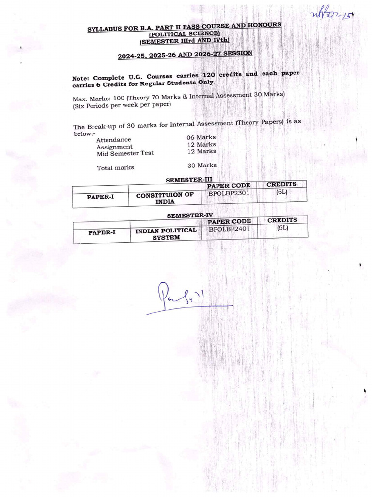 BA Part-II (Sem III & IV) Political Science - Pass & Honours 2024-27 | PDF