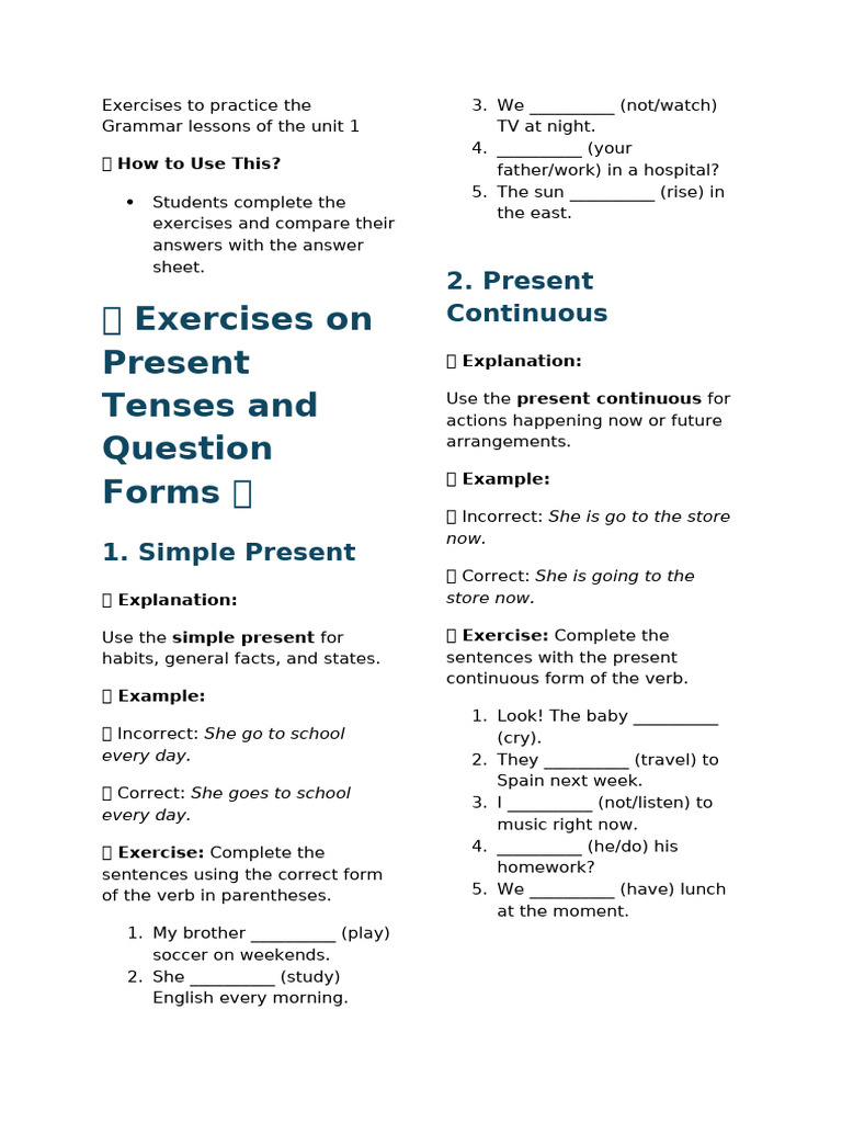 Grammar Exercises: Present Tenses & Questions | PDF | Verb | Grammar