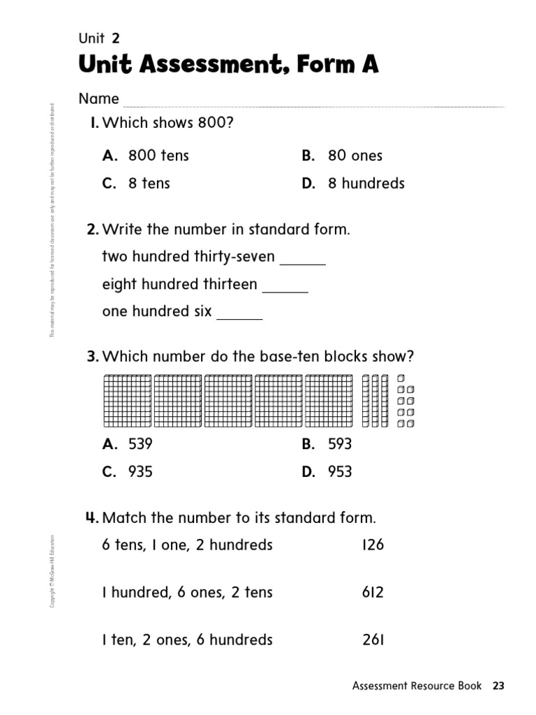 Unit Assessment, Form A - Place Value To 1,000 | PDF