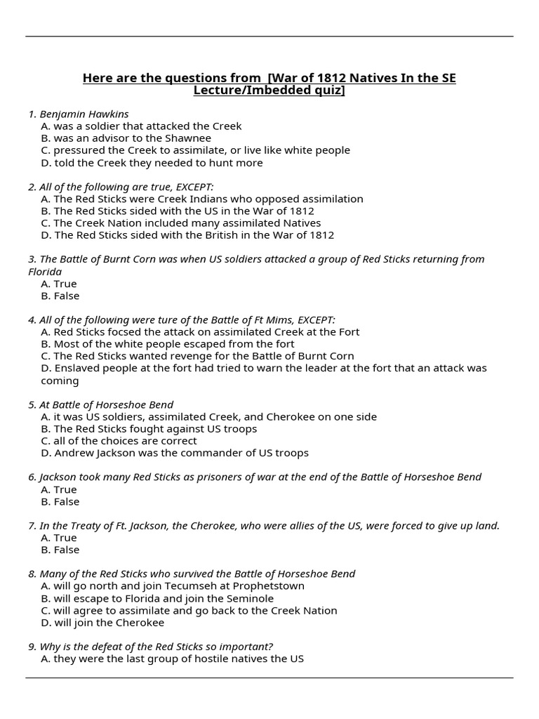 War of 1812 Natives in The SE Lecture - Imbedded Quiz | PDF