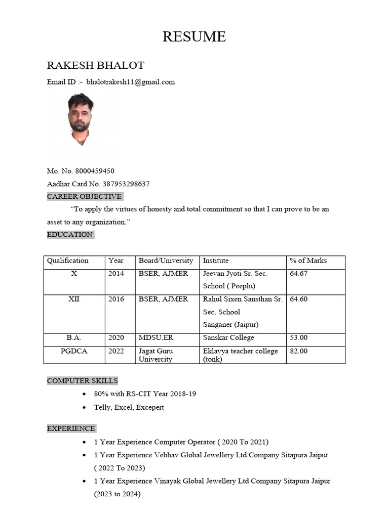Rakesh Bhalot's Professional Resume | PDF