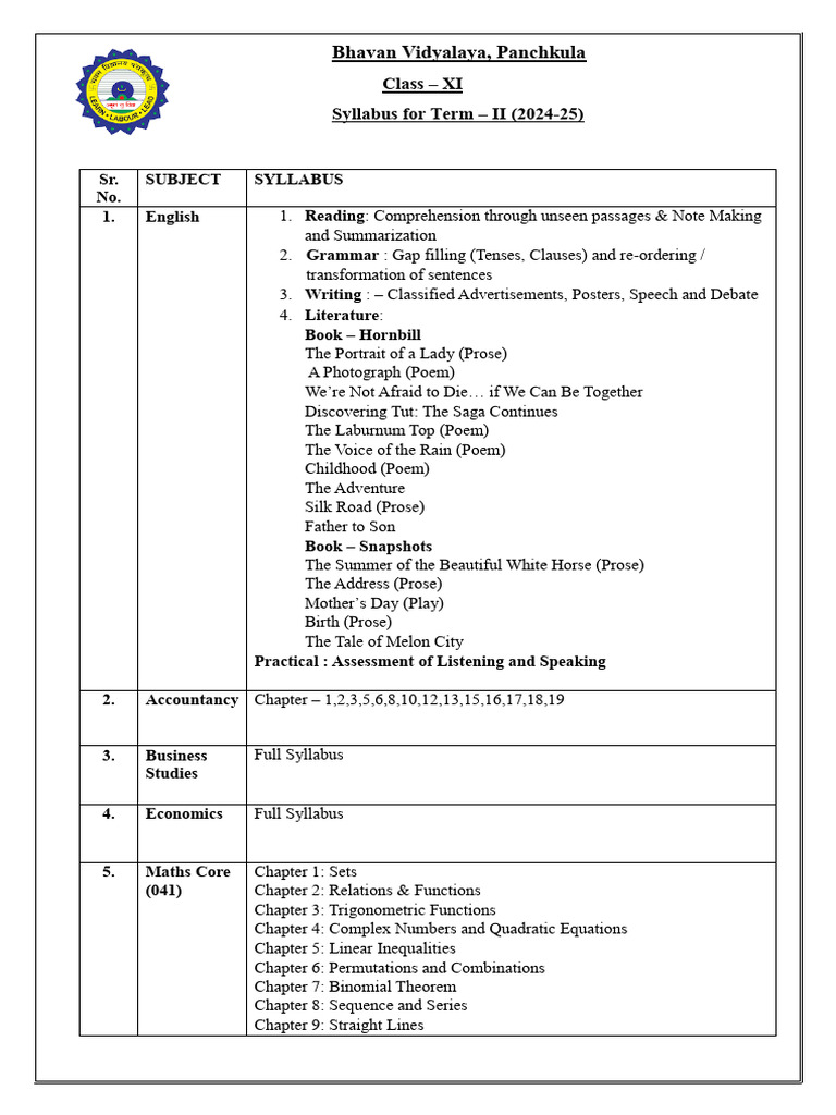 Bhavan Vidyalaya Class XI Term II Syllabus | PDF | Chemistry | Thermodynamics