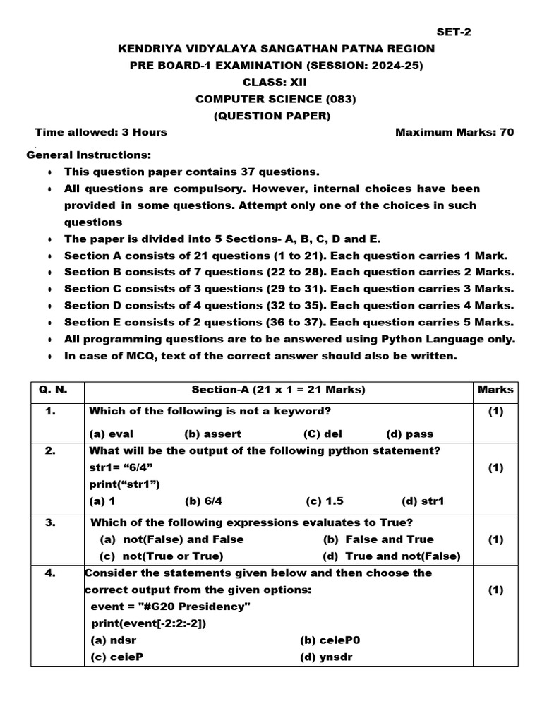 CS_XII_PB1_QP_2024-25(SET-2) (1) | PDF | Parameter (Computer Programming) | Table (Database)