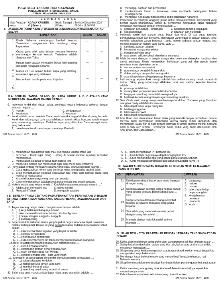 Soal Sas KLS Vi Agama Kristen | PDF
