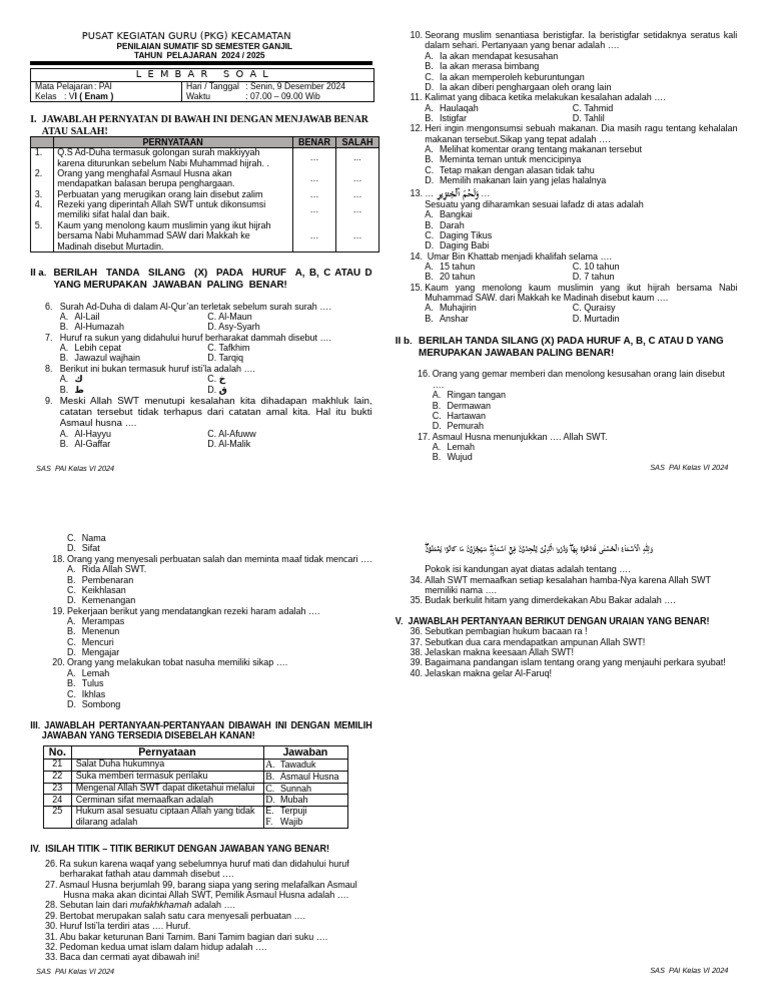Soal Sas KLS Vi Agama Islam | PDF