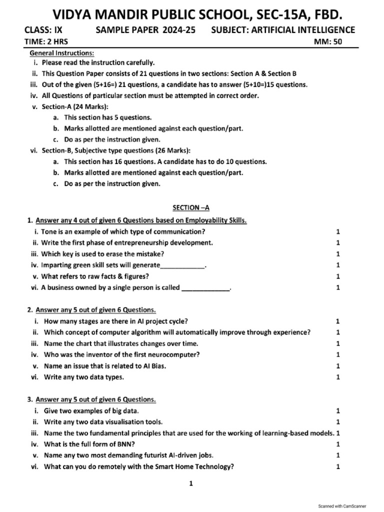 Class IX Artificial Intelligence Sample Paper | PDF
