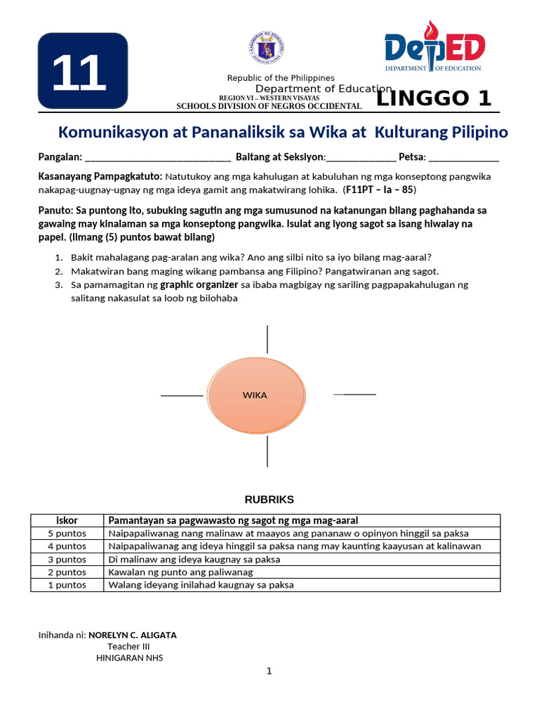 Filipino-Grade 11 - Quarter 1 Linggo 1 | PDF