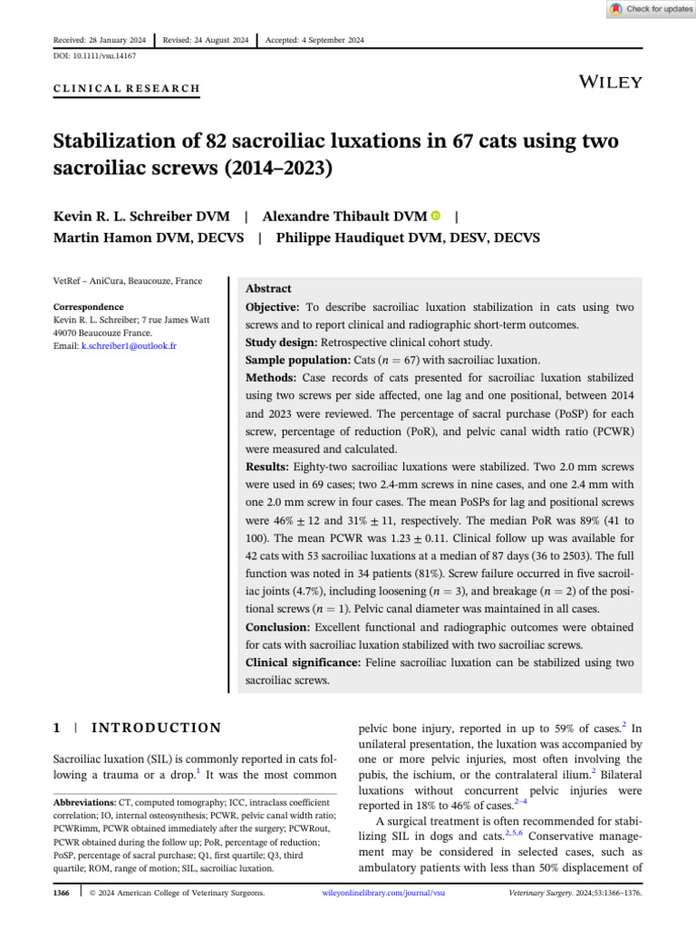 Stabilization of 82 Sacroiliac Luxations in 67 Cats Using Two ...