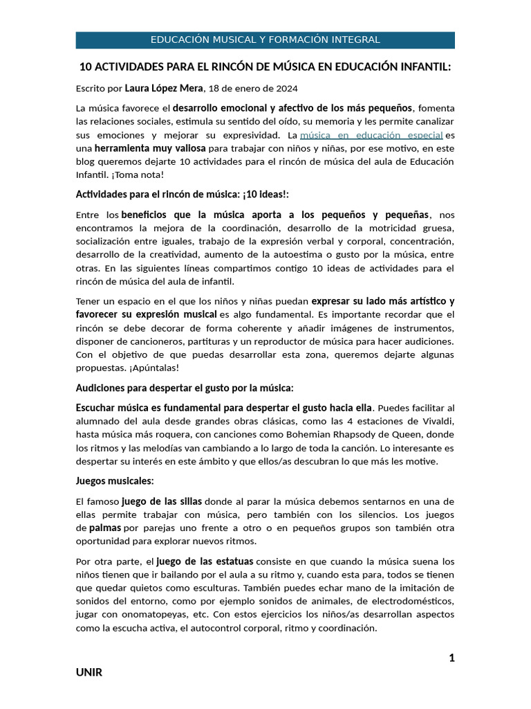 10 Actividades para El Rincón de Música en Educación Infantil | PDF | Canciones | Ritmo