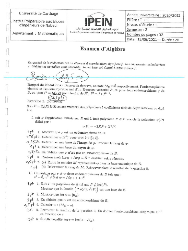 Examen Algebre 1 Ere Ipein | PDF