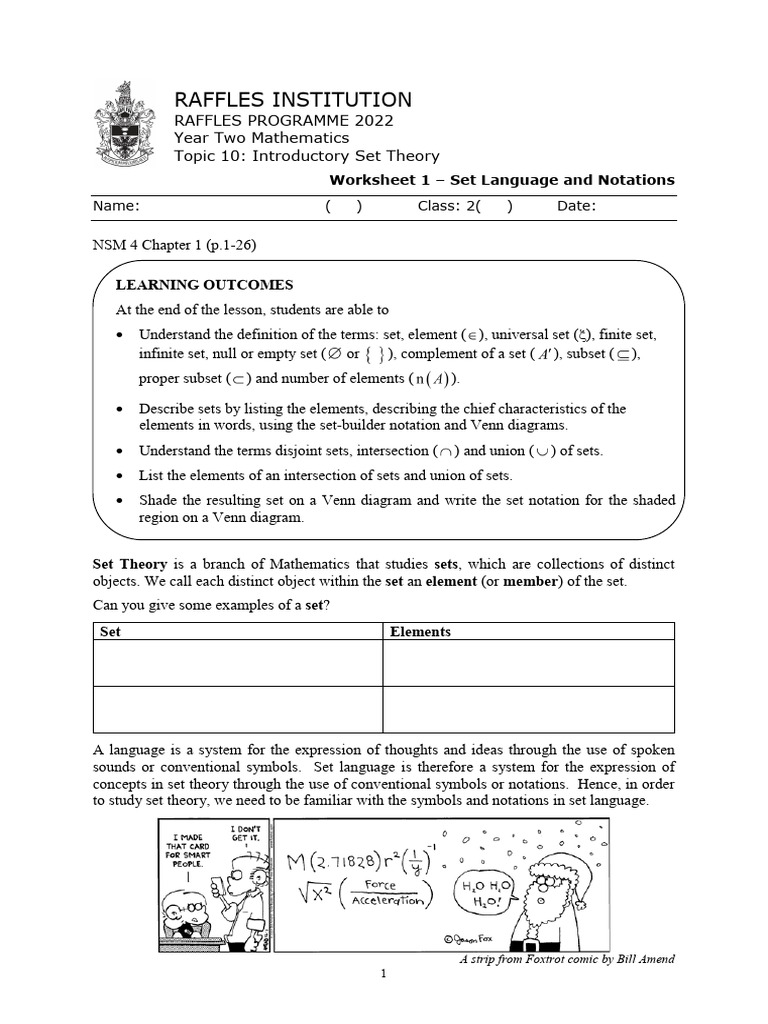 01 WS1 Set Language and Notation | PDF | Set (Mathematics) | Numbers