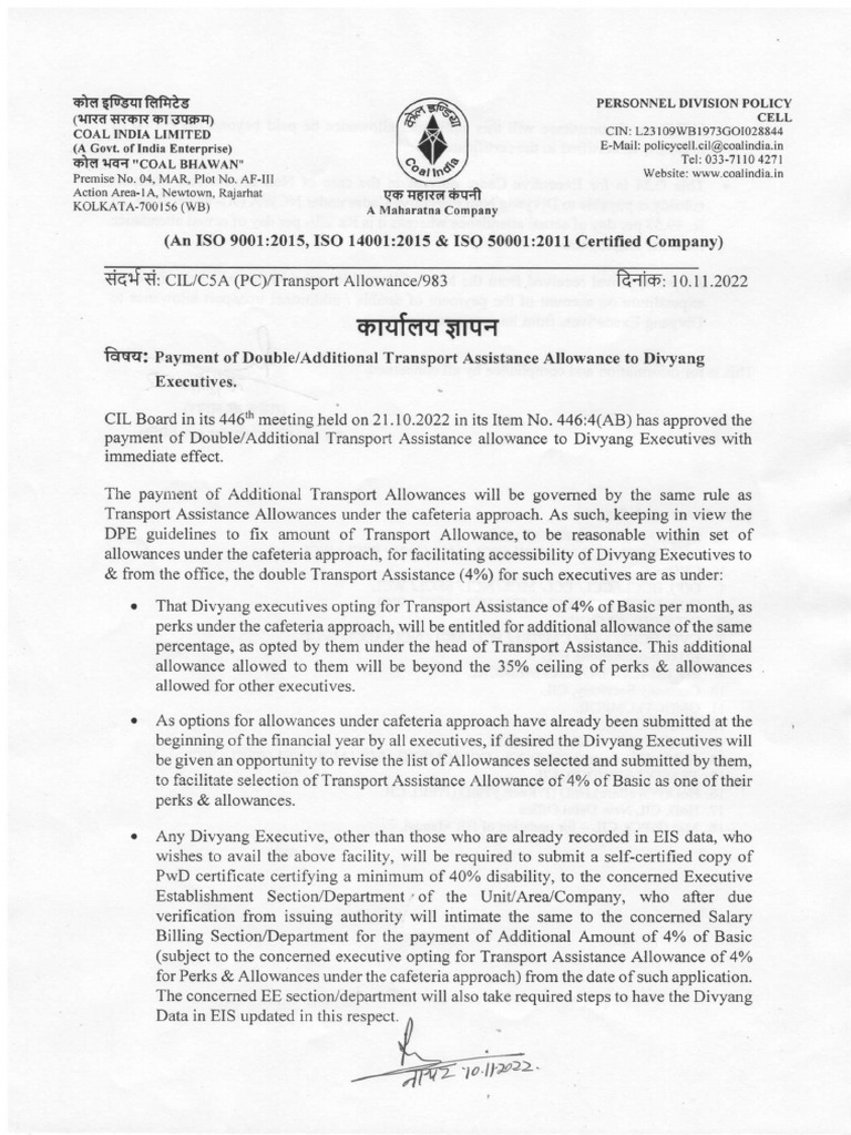 Payment of Additional Transport Assistance Allowance To Divyang ...