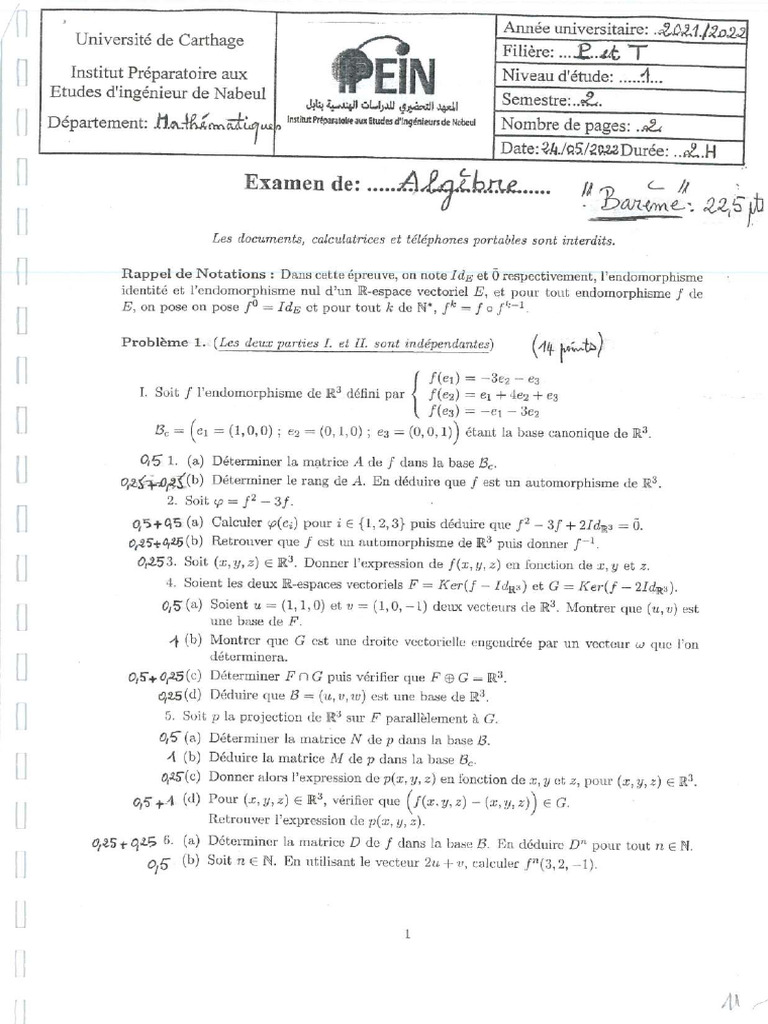 EXamen N2 Alg PC-PT 2021 Ipein | PDF