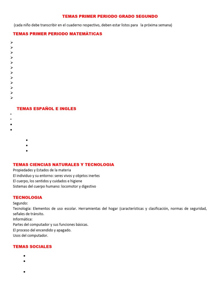 Temas de Segundo Grado: Primer Período | PDF
