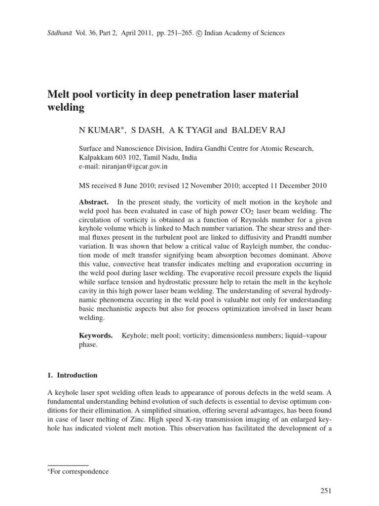 Melt Pool Vorticity in Deep Penetration Laser Material Welding | PDF | Fluid Dynamics | Vortices