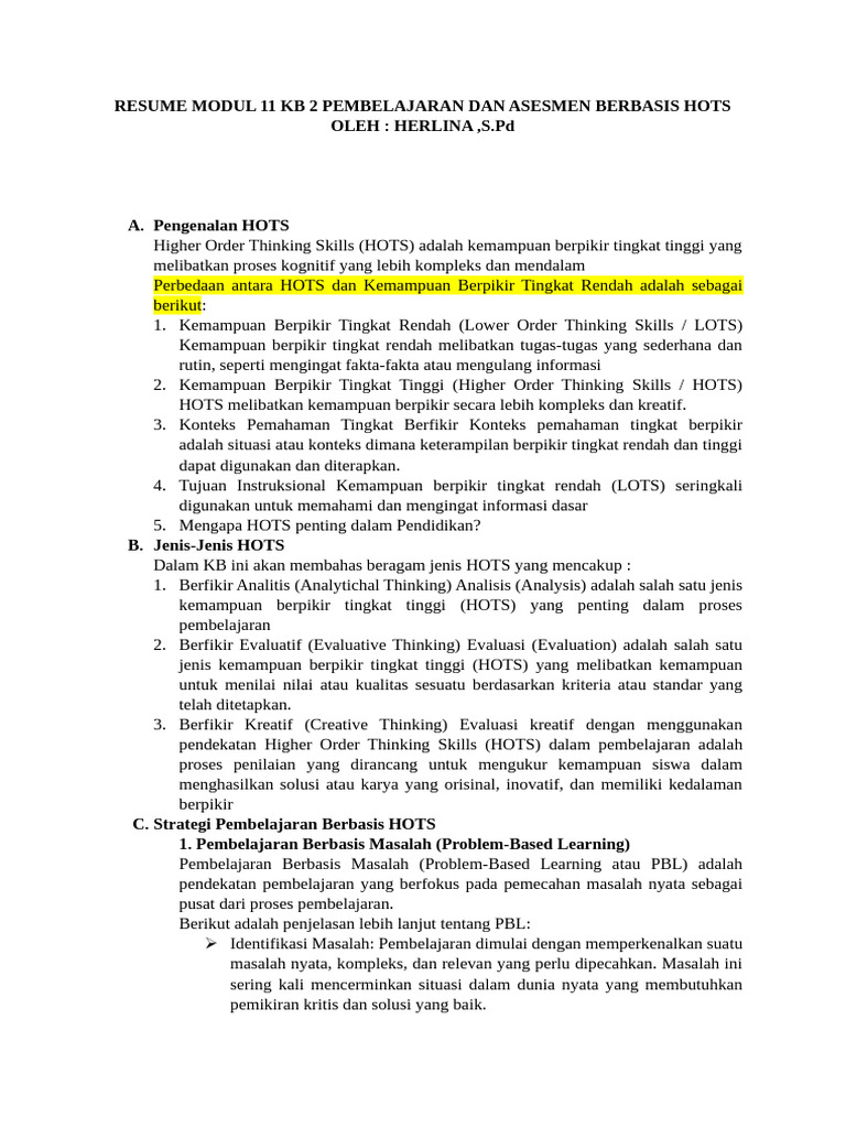 Tujuan Pembelajaran Berbasis HOTS | PDF