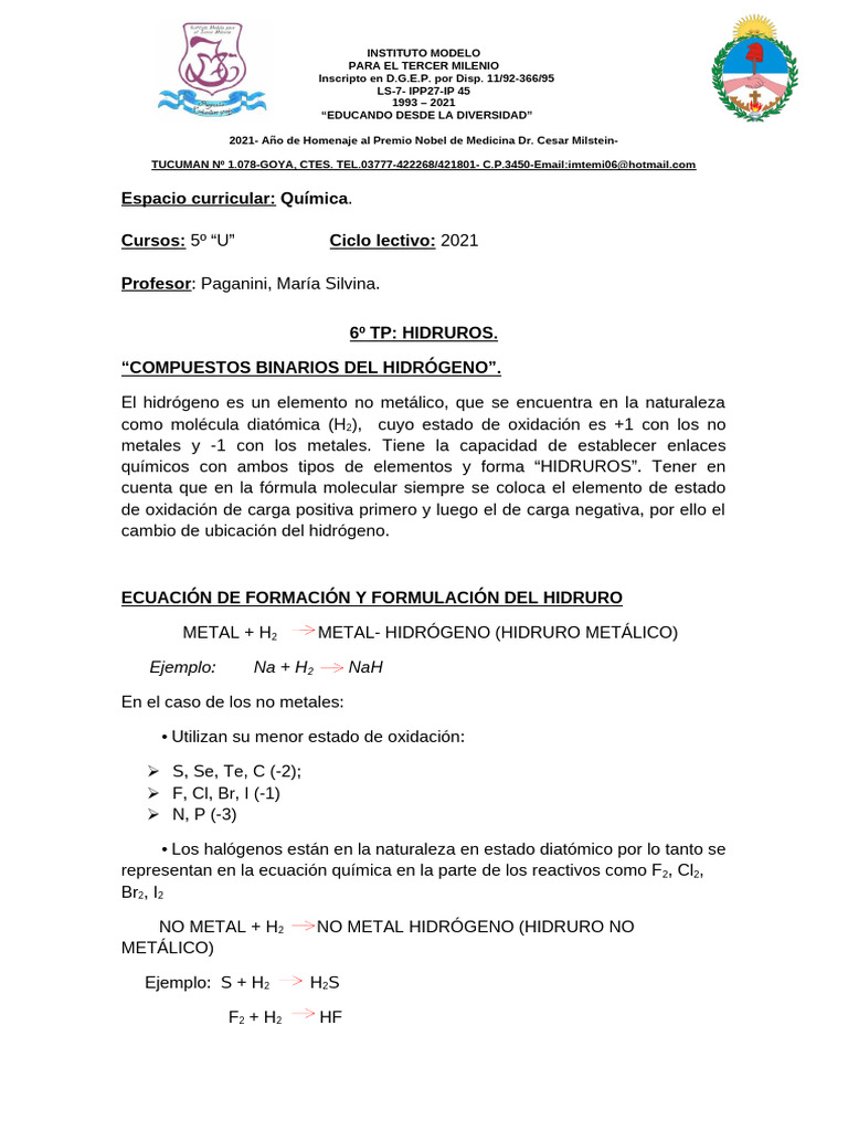 5º Quimica 6º TP Hidruros | PDF | Hidrógeno | Compuestos químicos