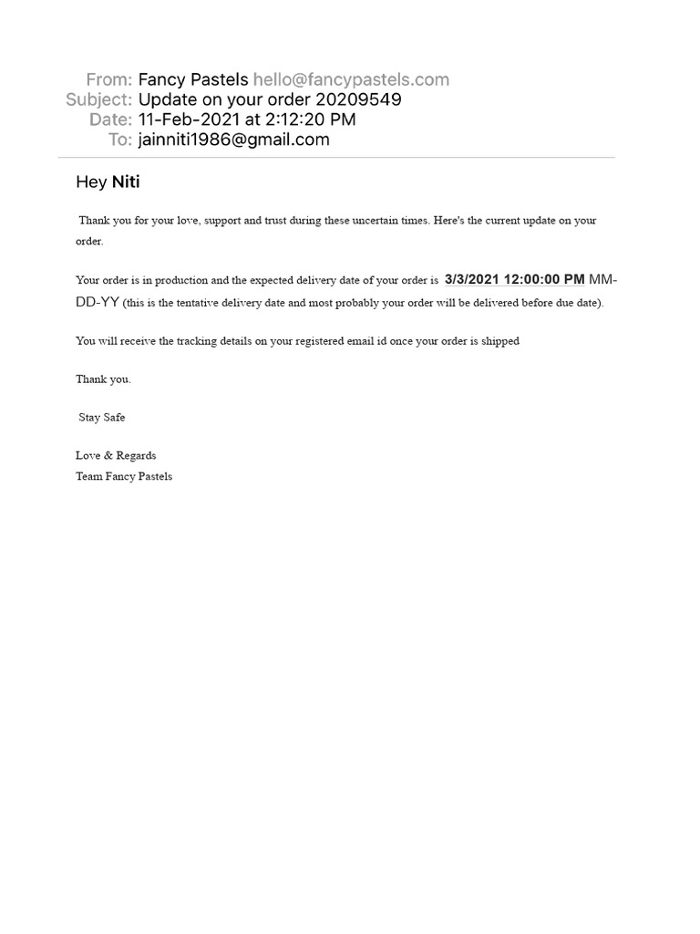 Update On Your Order 20209549 | PDF
