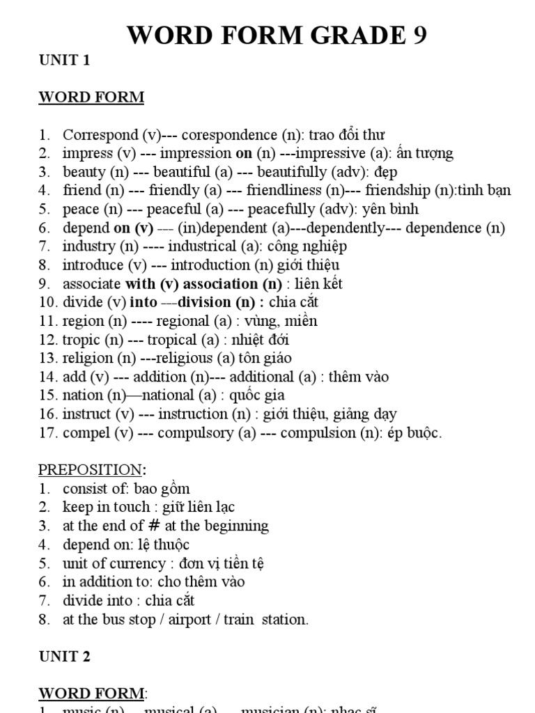 Word Form Lớp 9 - Tổng Hợp Bảng Từ Loại và Bài Tập Thực Hành