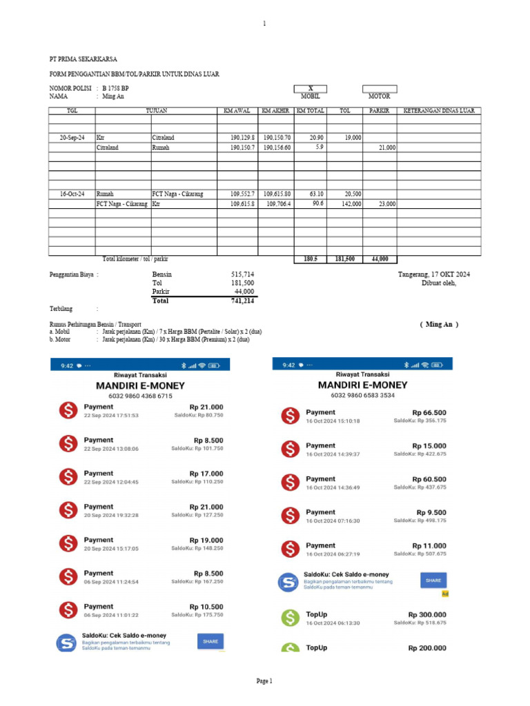 Form Penggantian Transport - Cikarang | PDF