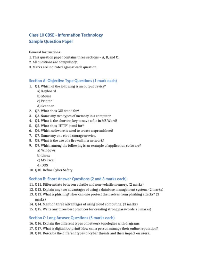 Class 10 IT CBSE Question Paper | PDF