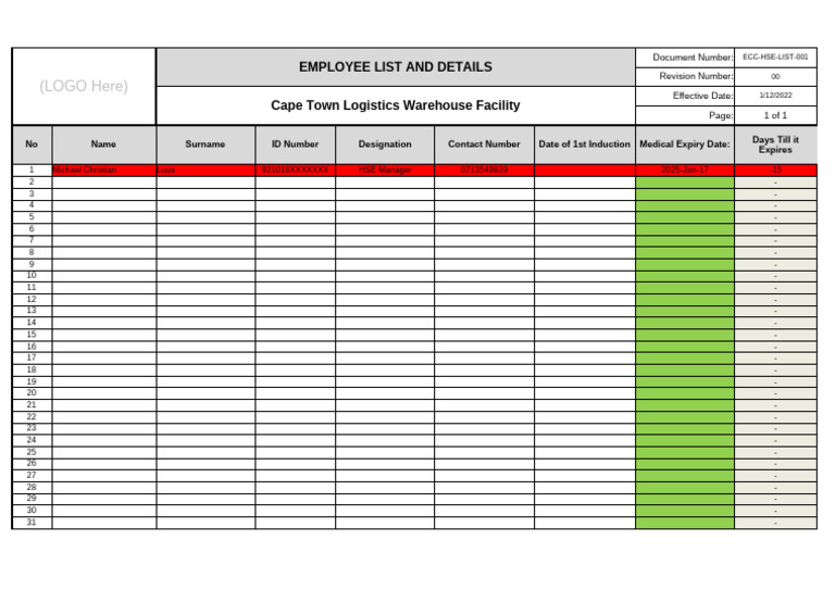 ECC-HSE-LIST-000 - Employee List (Contractors) | PDF