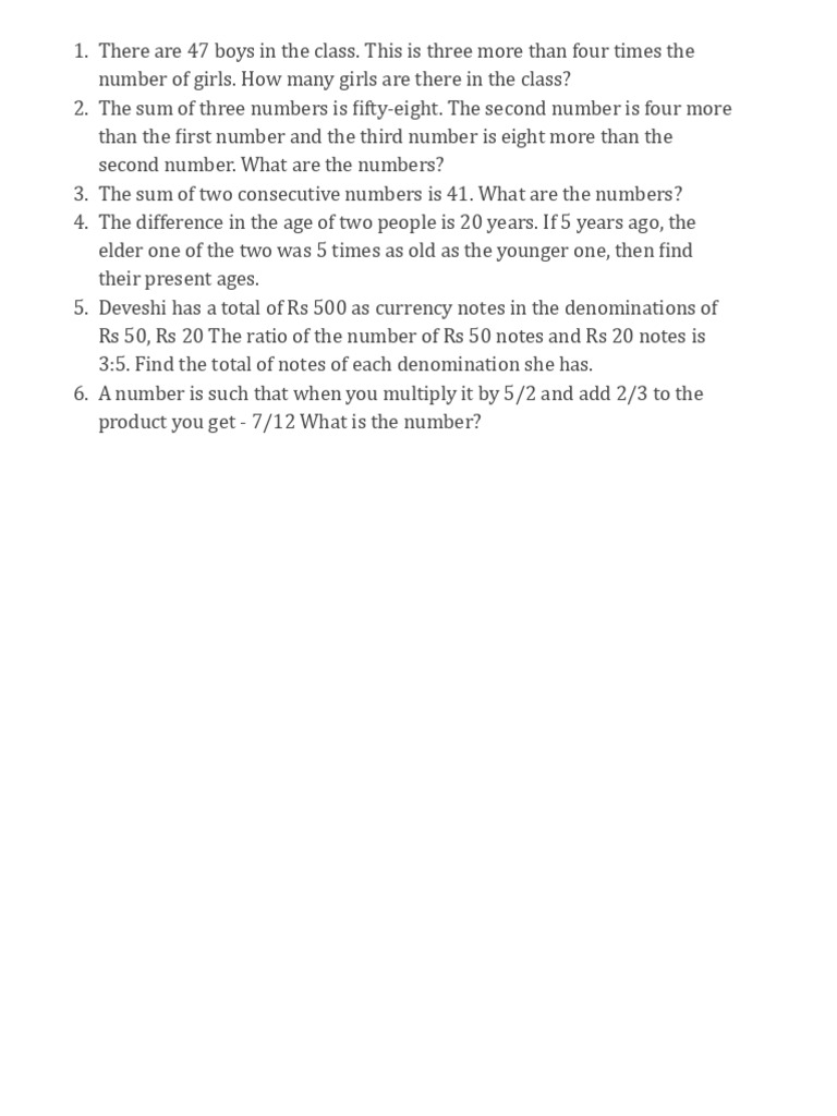 6th Grade Algebra Word Problems | PDF