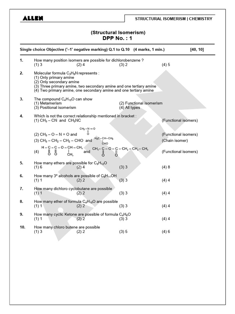 STRUCTURAL ISOMERISM DPP 1 & 2 | PDF | Isomer | Space